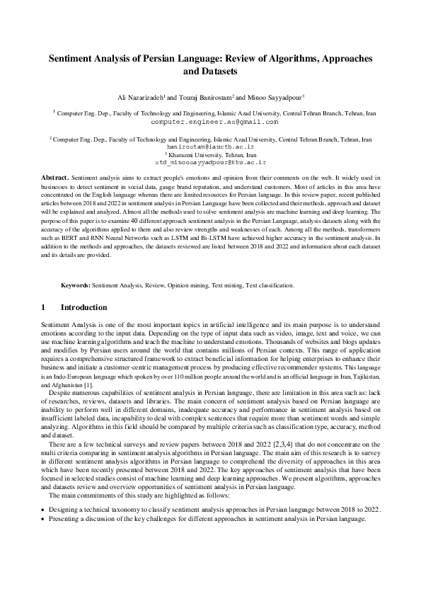 (PDF) Sentiment Analysis of Persian Language: Review of Algorithms, Approaches and Datasets