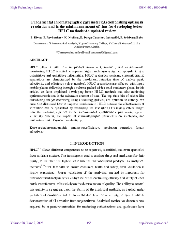 (PDF) Fundamental chromatographic parameters:Accomplishing optimum ...
