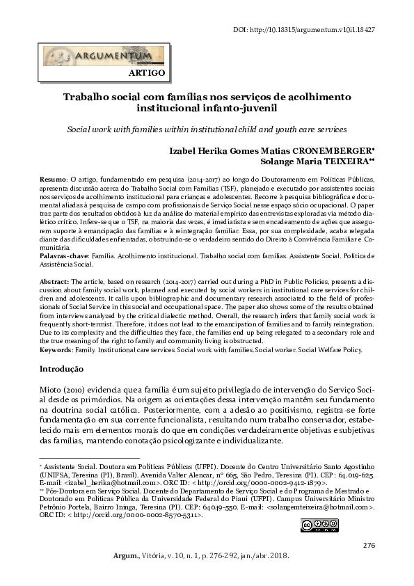 (PDF) Trabalho social com famílias nos serviços de acolhimento ...