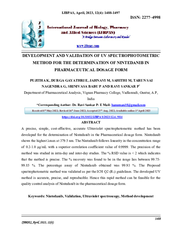 Pdf Development And Validation Of Uv Spectrophotometric Method For The Determination Of