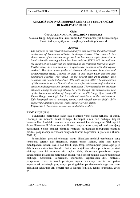 (PDF) Analisis Motivasi Berprestasi Atlet Bulutangkis DI Kabupaten Bungo