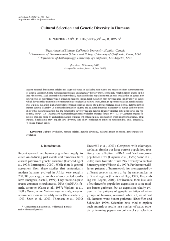 (PDF) Cultural Selection and Genetic Diversity in Humans
