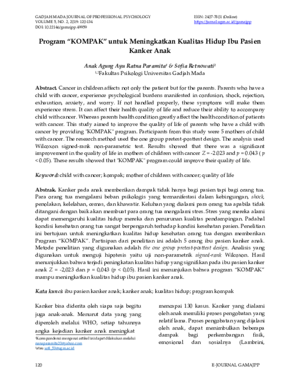 (PDF) Kualitas Hidup pada Anak dengan Kanker