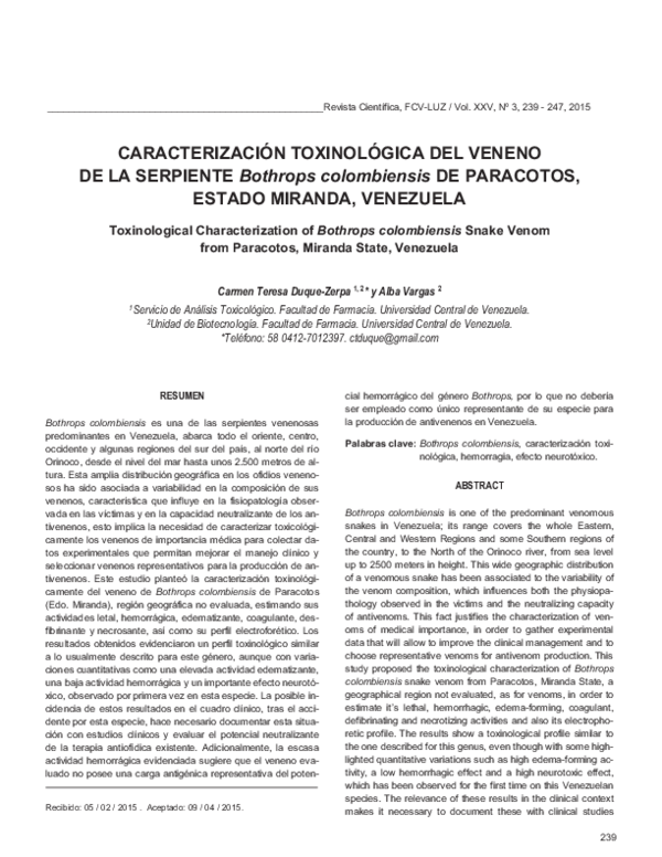 (PDF) CARACTERIZACIÓN TOXINOLÓGICA DEL VENENO DE LA SERPIENTE Bothrops ...