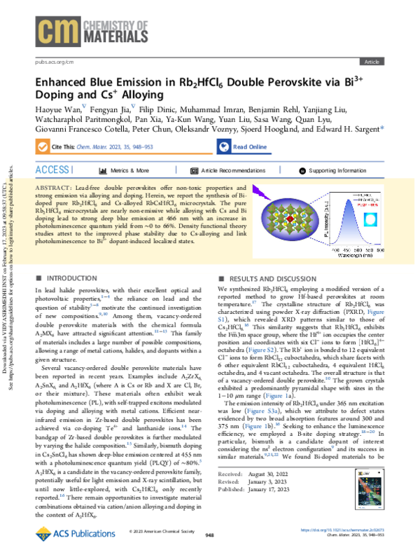 (PDF) Enhanced Blue Emission in Rb2HfCl6 Double Perovskite via Bi3 ...