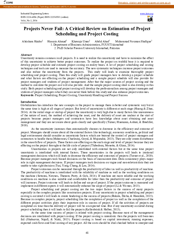 (PDF) Projects Never Fail: A Critical Review on Estimation of Project Scheduling and Project Costing