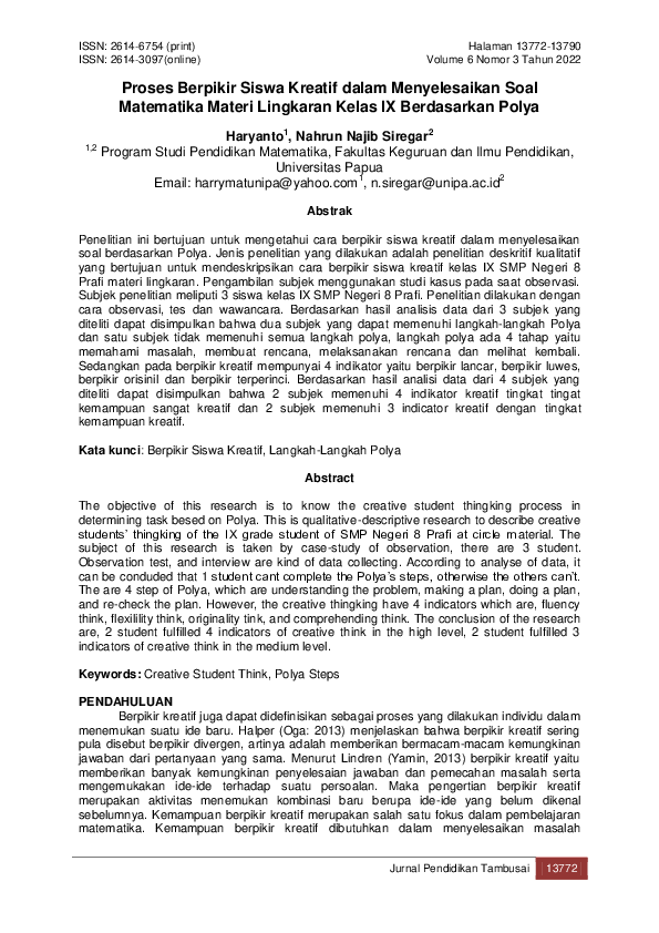 (PDF) Proses Berpikir Siswa Kreatif dalam Menyelesaikan Soal Matematika Materi Lingkaran Kelas ...