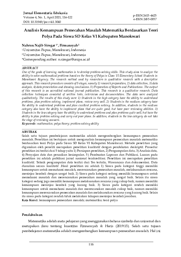 (PDF) Analisis Kemampuan Pemecahan Masalah Matematikan Berdasarkan Teori Polya Pada Siswa SD ...