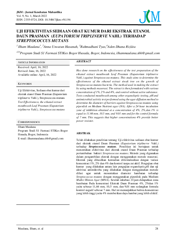 (PDF) Uji Efektivitas Sediaan Obat Kumur Dari Ekstrak Etanol Daun ...