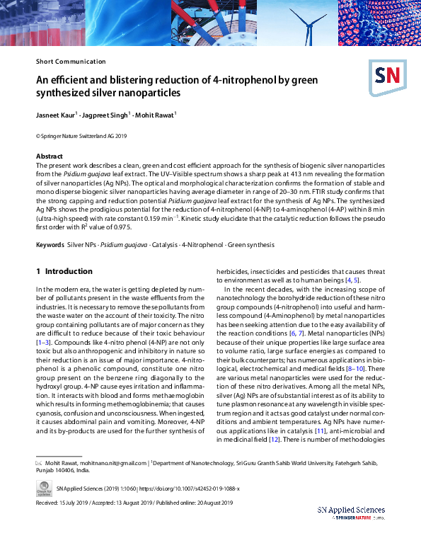(PDF) Green Synthesis of Silver Nanoparticles Using Chitosan for 4-Nitrophenol Reduction