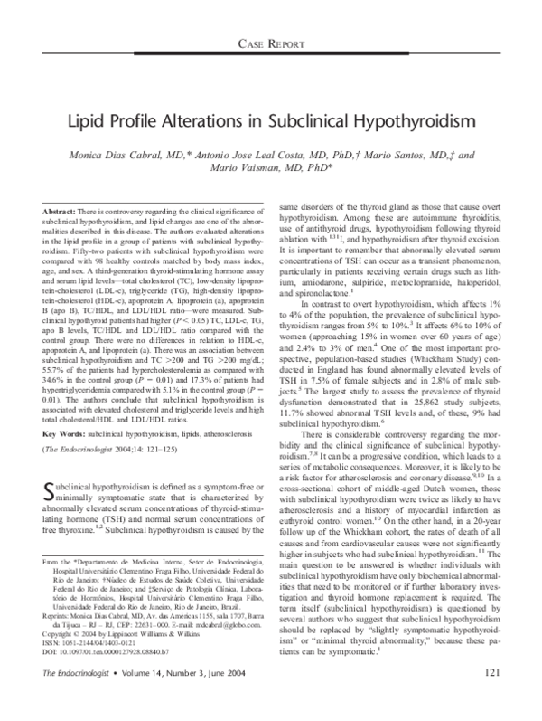 (PDF) Lipid Profile Changes in Subclinical Hypothyroidism Patients