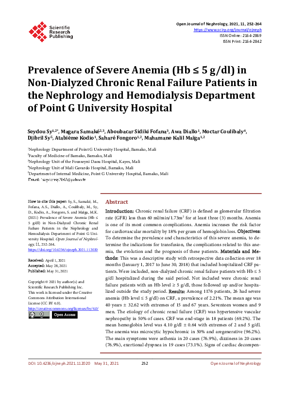(PDF) Prevalence of Severe Anemia (Hb ≤ 5 g/dl) in Non-Dialyzed Chronic ...