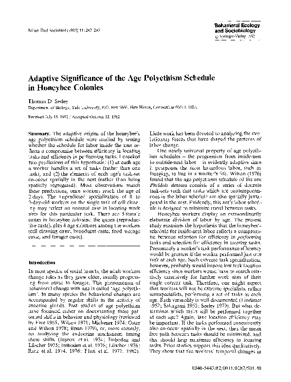 (PDF) Adaptive significance of the age polyethism schedule in honeybee ...