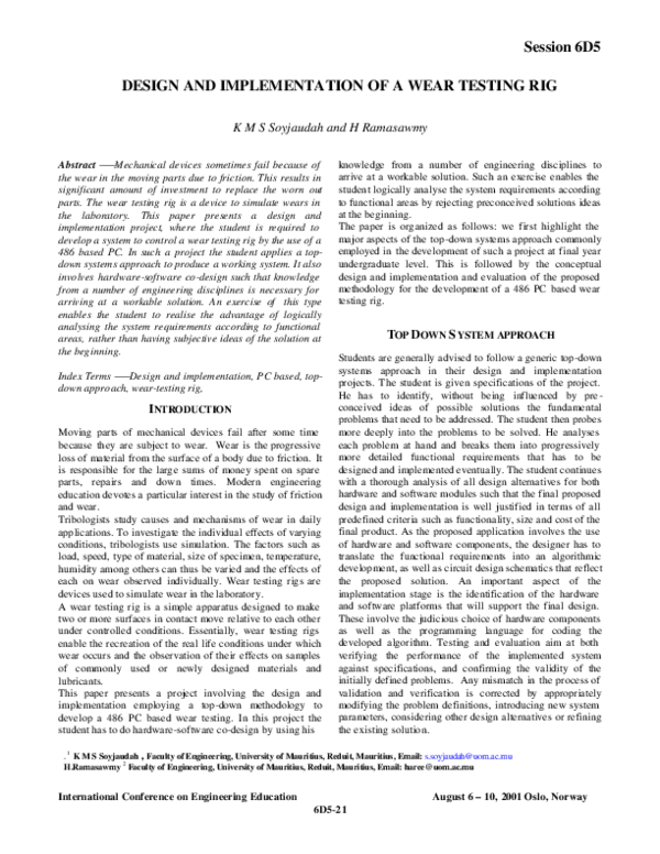 (PDF) Design and Implementation of a Wear Testing Rig