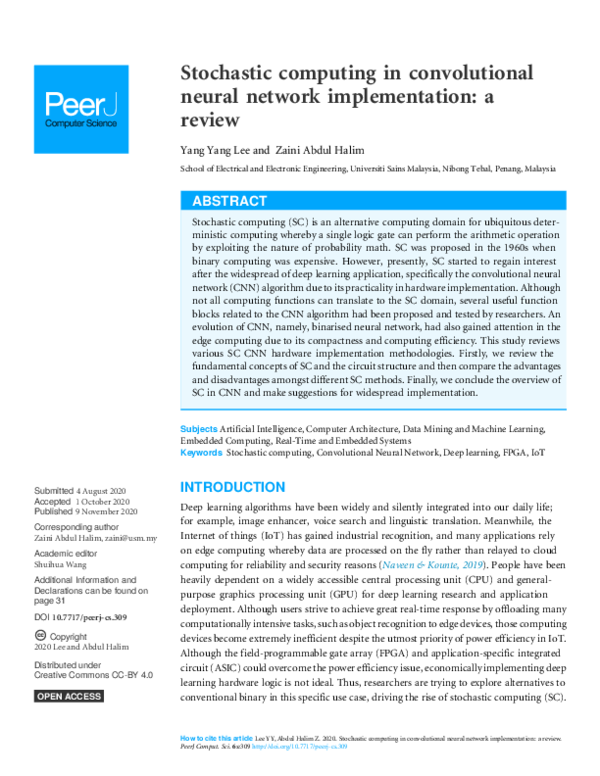 Pdf Stochastic Computing In Convolutional Neural Network Implementation A Review