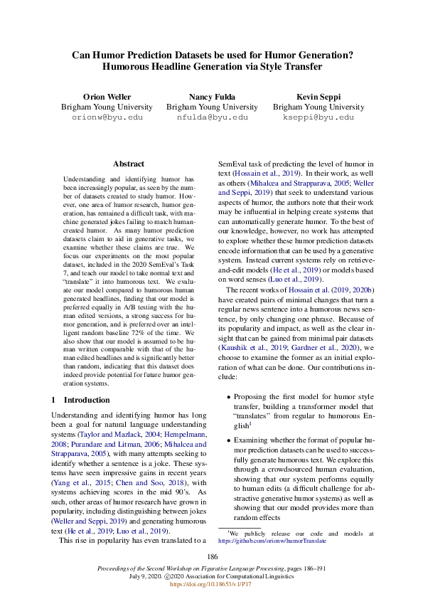 (PDF) Can Humor Prediction Datasets be used for Humor Generation ...