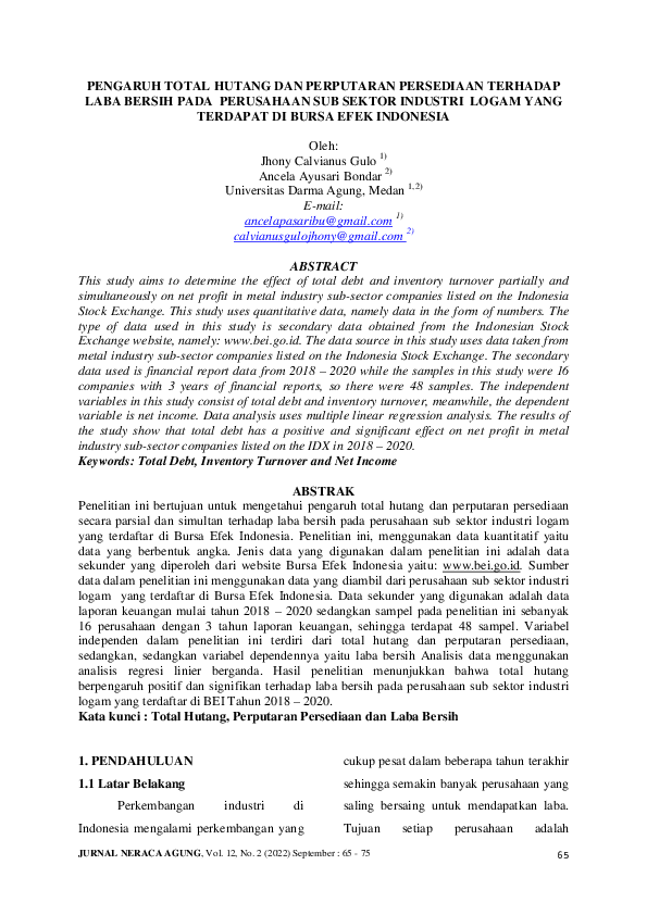 (PDF) Pengaruh Total Hutang Dan Perputaran Persediaan Terhadap Laba ...