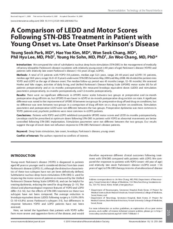(PDF) A Comparison of LEDD and Motor Scores Following STN-DBS Treatment in Patient with Young ...