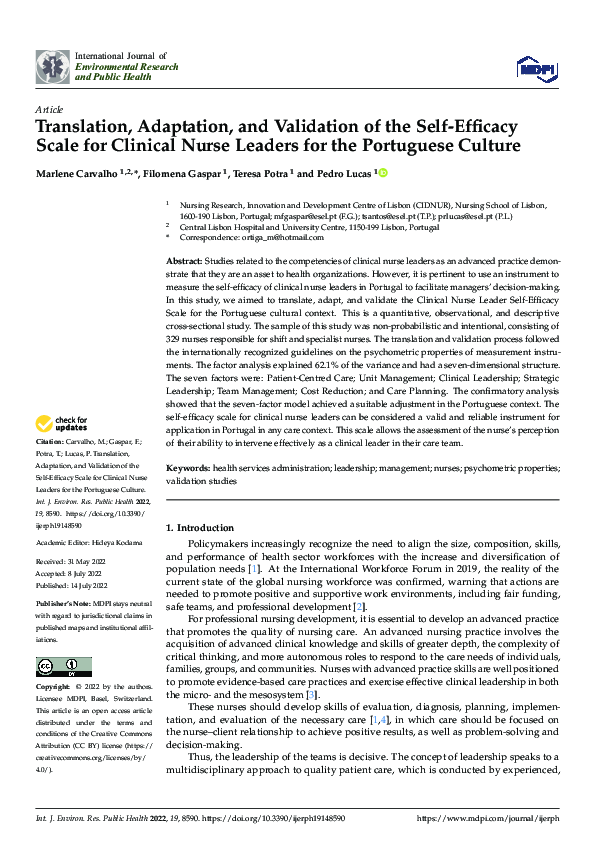 (PDF) Translation, Adaptation, and Validation of the Self-Efficacy Scale for Clinical Nurse ...