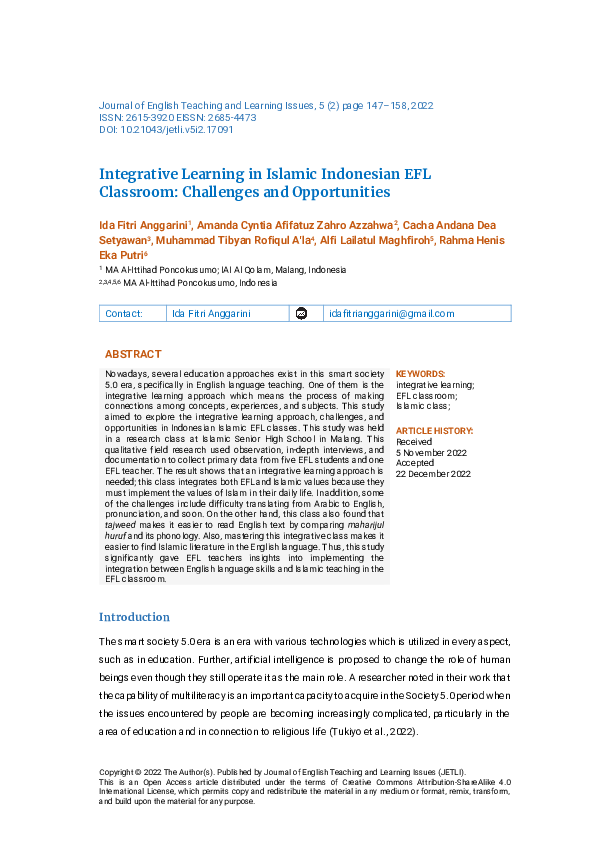 (PDF) Integrative Learning in Islamic Indonesian EFL Classroom: Challenges and Opportunities
