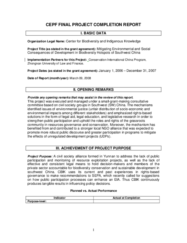 (PDF) Cepf Final Project Completion Report