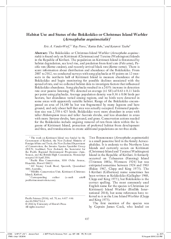 (PDF) Habitat Use and Status of the Bokikokiko or Christmas Island ...