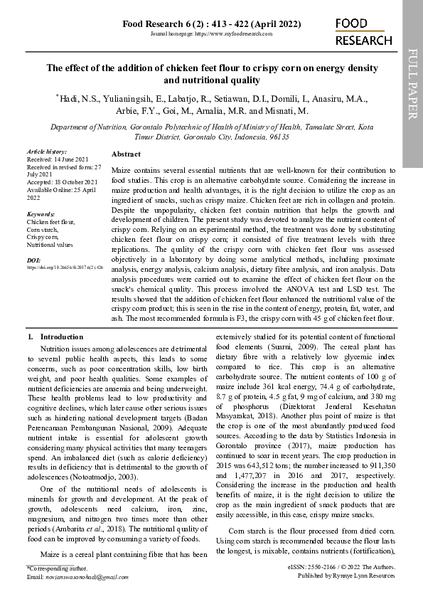 (PDF) The effect of the addition of chicken feet flour to crispy corn ...