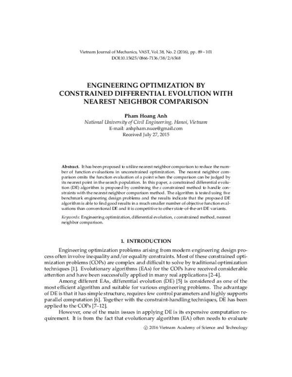Pdf Engineering Optimization By Constrained Differential Evolution