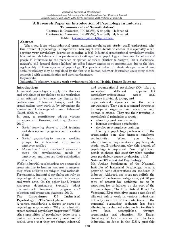 (PDF) A Research Paper on Introduction of Psychology in Industry