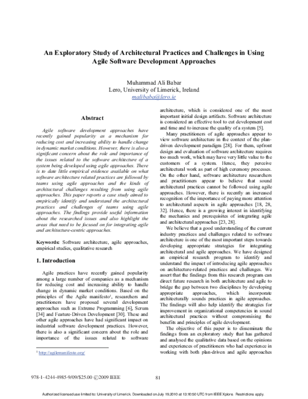 (PDF) An exploratory study of architectural practices and challenges in using agile software ...