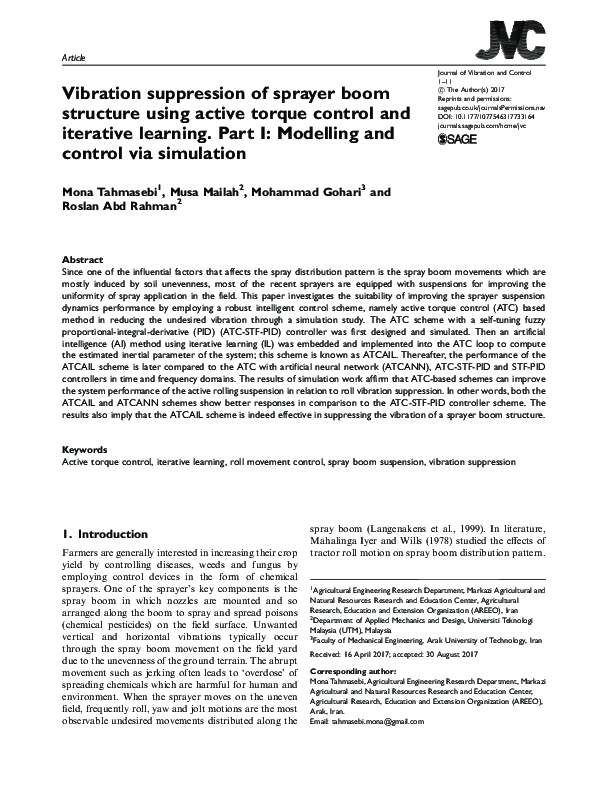 (PDF) Vibration suppression of sprayer boom structure using active torque control and iterative ...