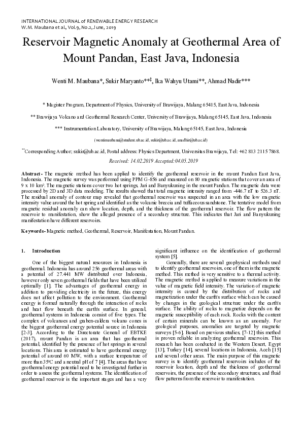 (PDF) Reservoir Magnetic Anomaly at Geothermal Area of Mount Pandan ...