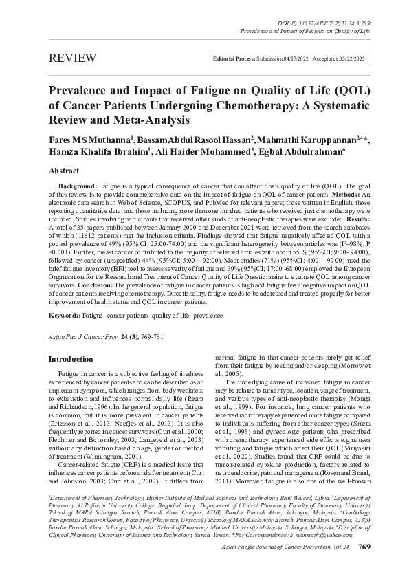 (PDF) Prevalence and Impact of Fatigue on Quality of Life (QOL) of Cancer Patients Undergoing ...
