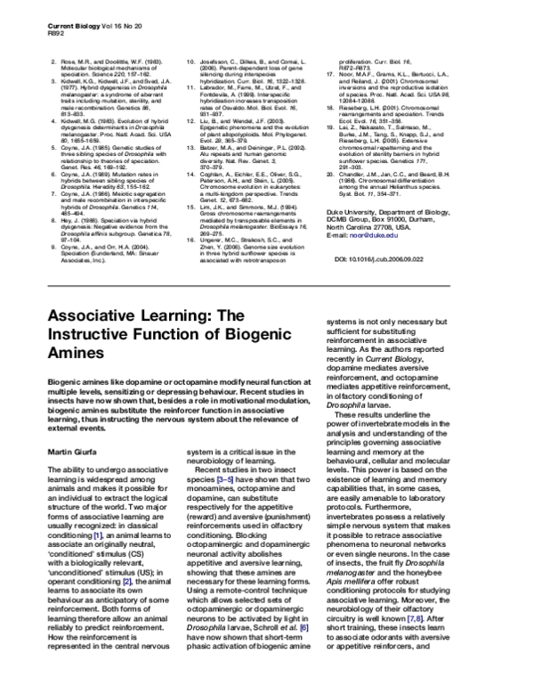 (PDF) Associative Learning: The Instructive Function of Biogenic Amines