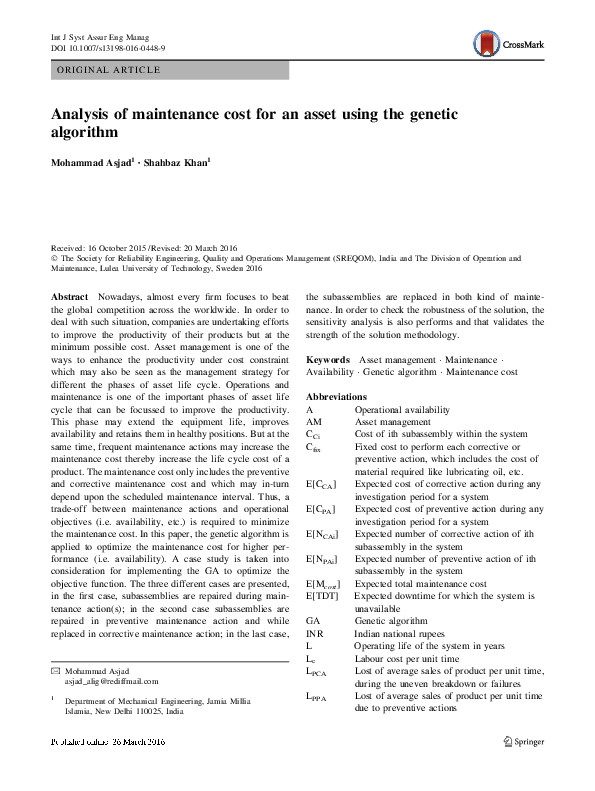 (PDF) Analysis of maintenance cost for an asset using the genetic algorithm