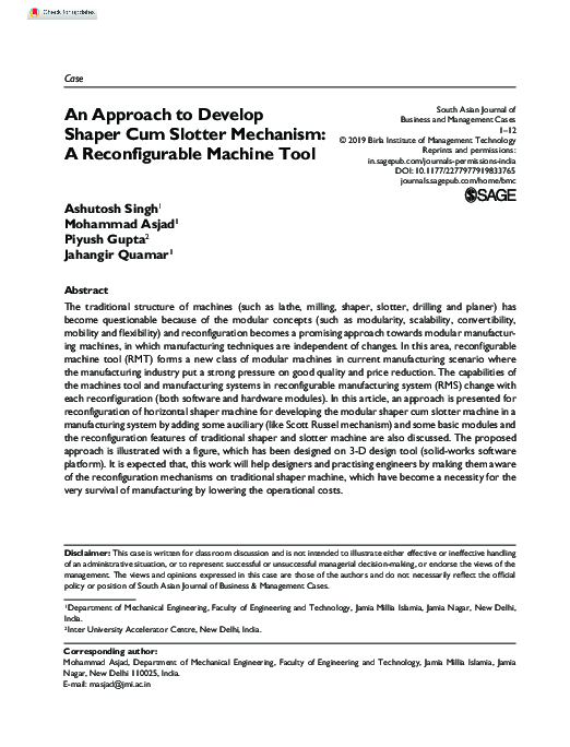 (PDF) An Approach to Develop Shaper Cum Slotter Mechanism: A Reconfigurable Machine Tool