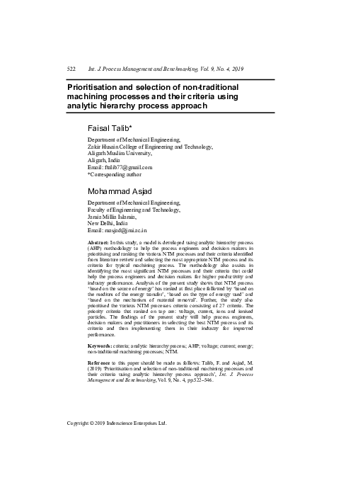 (PDF) Prioritisation and selection of non-traditional machining processes and their criteria ...
