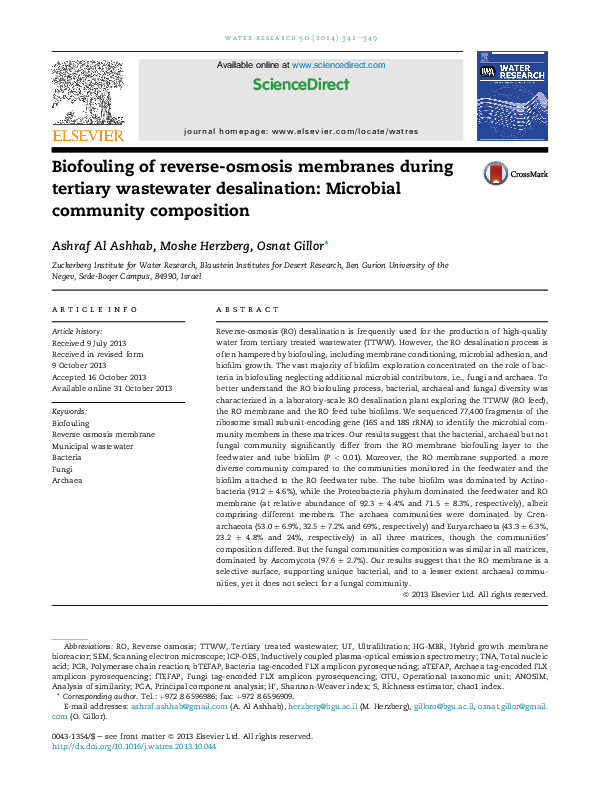 (PDF) Biofouling of reverse-osmosis membranes during tertiary wastewater desalination: Microbial ...