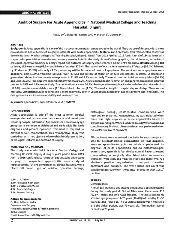 (PDF) Audit of Surgery For Acute Appendicitis in National Medical ...