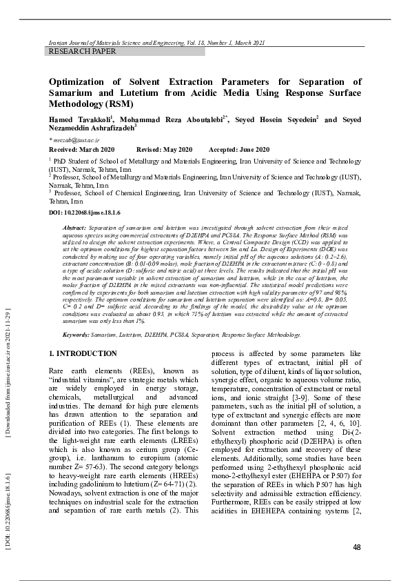 (PDF) Optimization of Solvent Extraction Parameters for Separation of Samarium and Lutetium from ...