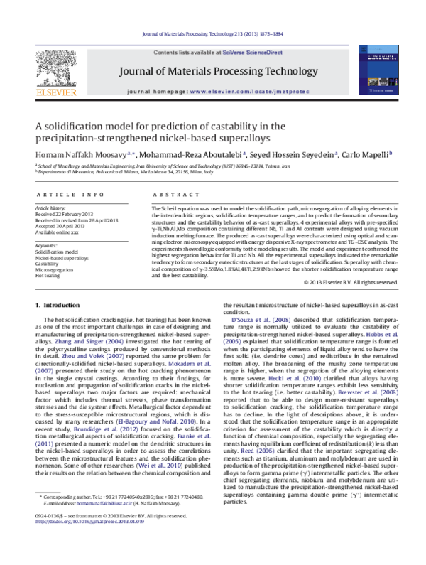 (PDF) A solidification model for prediction of castability in the precipitation-strengthened ...