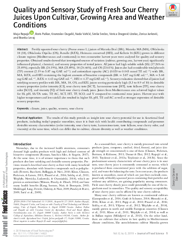 (PDF) Quality and Sensory Study of Fresh Sour Cherry Juices Upon ...