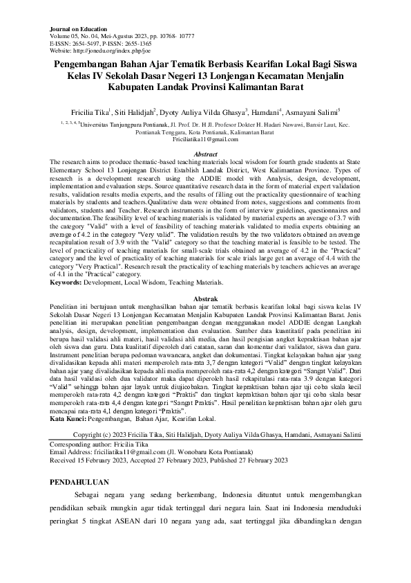 (PDF) Pengembangan Bahan Ajar Tematik Berbasis Kearifan Lokal Bagi Siswa Kelas IV Sekolah Dasar ...