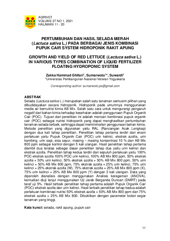 (PDF) GROWTH AND YIELD OF RED LETTUCE (Lactuca sativa L.) IN VARIOUS TYPES COMBINATION OF LIQUID ...
