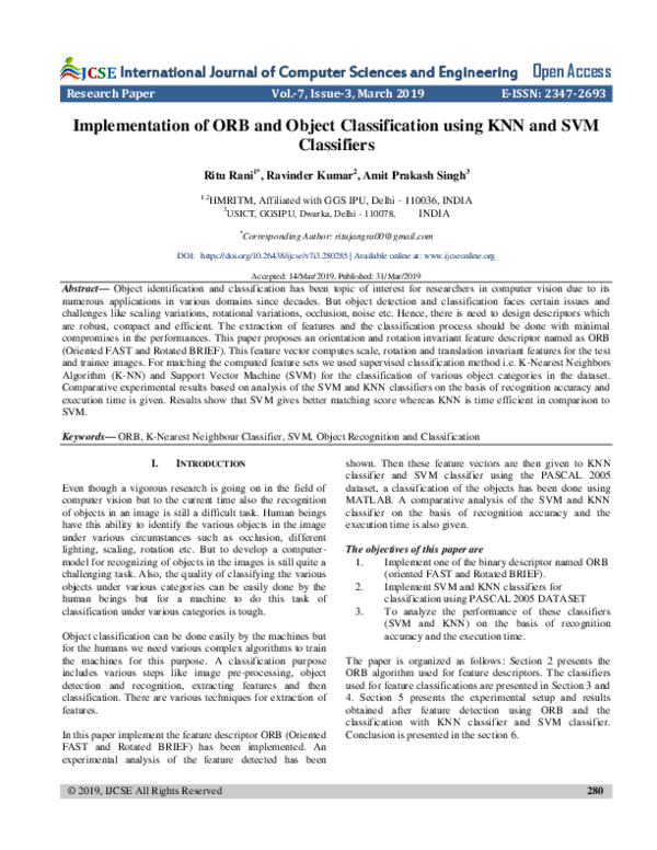 Pdf Implementation Of Orb And Object Classification Using Knn And Svm Classifiers