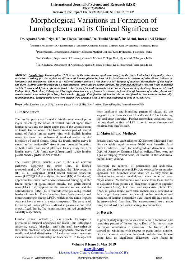 (PDF) Morphological Variations in Formation of Lumbarplexus and its Clinical Significance