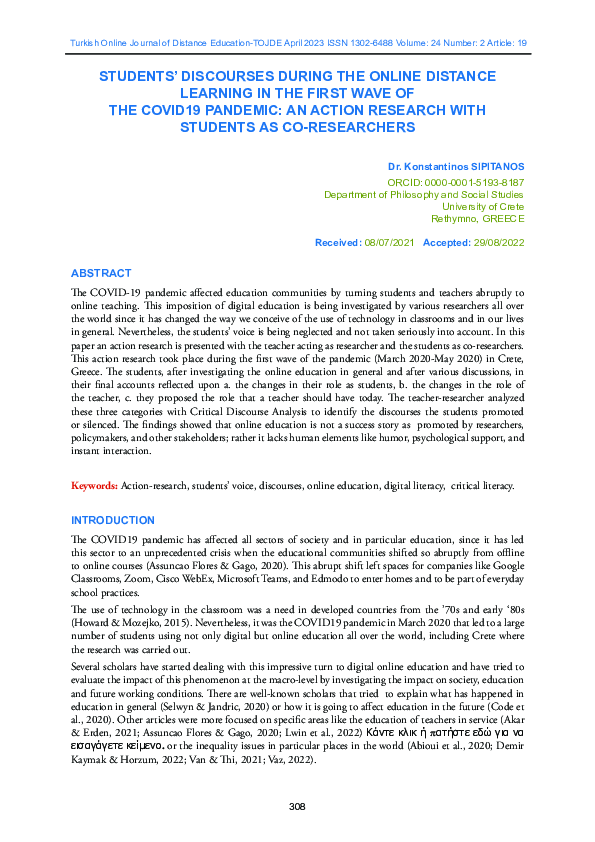 (PDF) Students’ Discourses During the Online Distance Learning in the ...