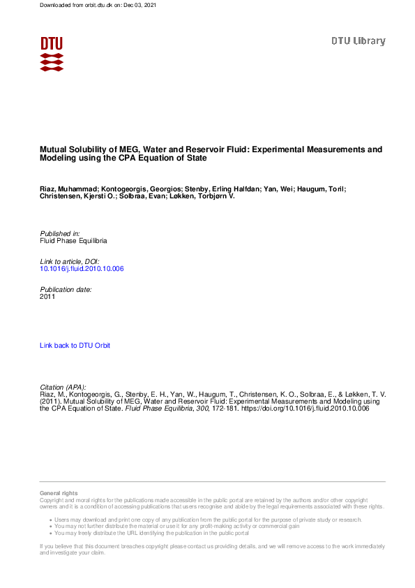(PDF) Mutual solubility of MEG, water and reservoir fluid: Experimental ...