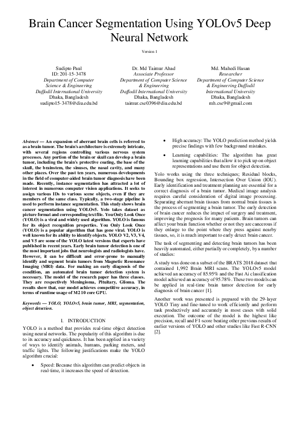 Pdf Brain Cancer Segmentation Using Yolov5 Deep Neural Network