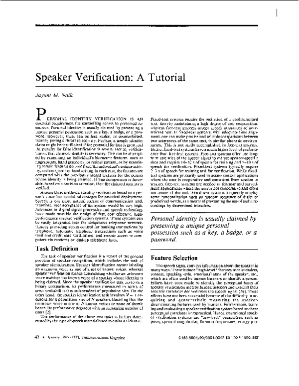 (PDF) Speaker verification: a tutorial